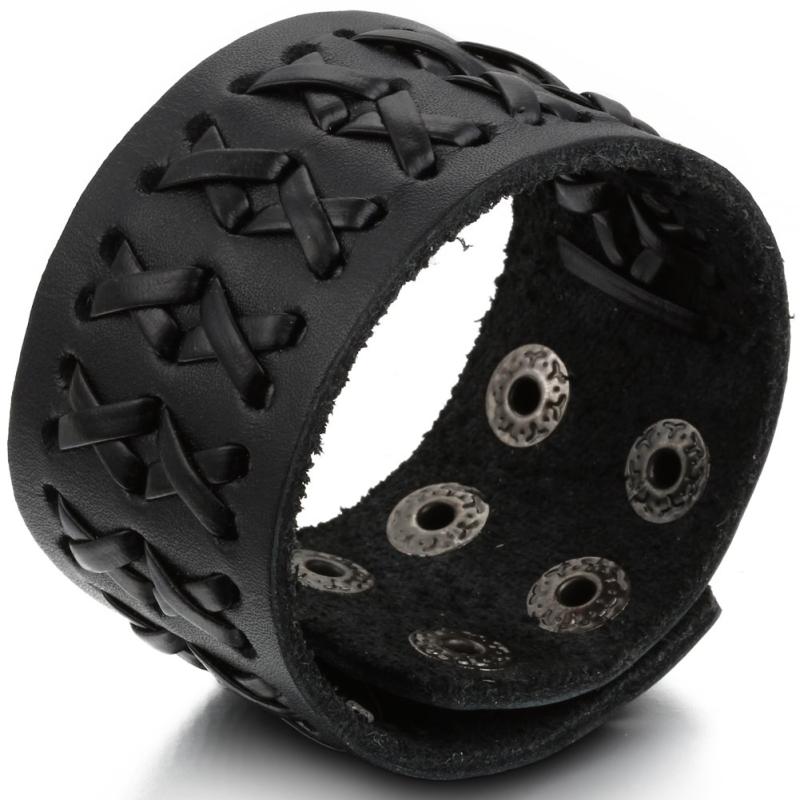 JewelryWe 大切な人や，彼氏・彼女へのプレゼント：ジュエリー ファッション アクセサリー メンズ ブレスレット, ワイド 幅広 ゴシック パンク系 ロック バングル, レザー 革, 合金, カラー:ブ