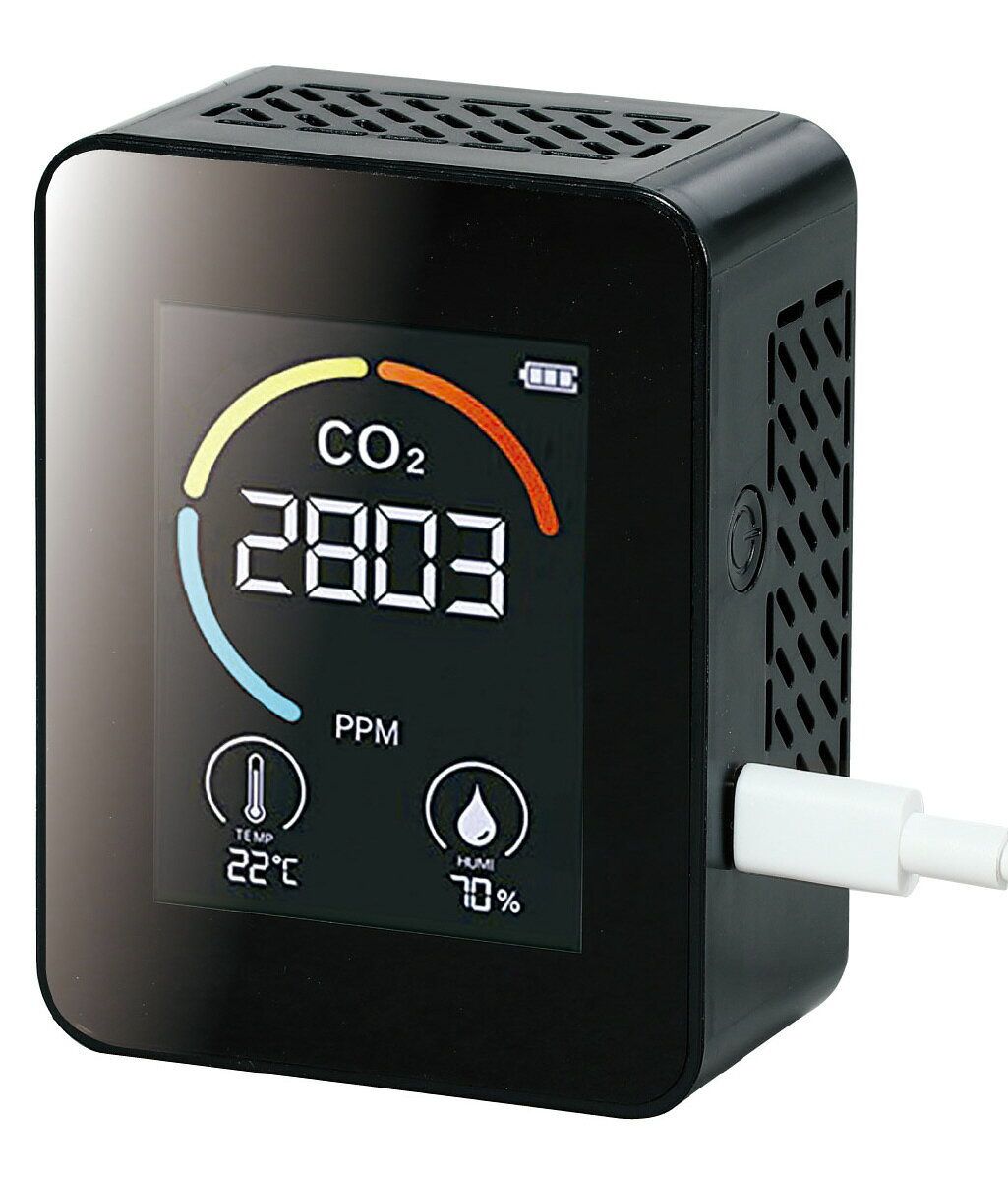 二酸化炭素の濃度に応じて画面が4段階に変化約1秒毎にリアルタイム更新 CO2、温度、湿度、手動校正機能付※コンセントに差し込んで使用する場合、別途USB用アダプターが必要です。70×90×40mm（本体のみ）本体×1、USBコード×1ABS