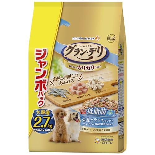-/(新)2.7kg/4520699606995・Size:(新)2.7kg・パッケージ個数:1・素材の美味しさあふれる、国産総合栄養食商品紹介 グラン・デリは、愛犬が大好きな素材を豊富に使用して「美味しさと栄養バランス」を考えた小粒設計の...