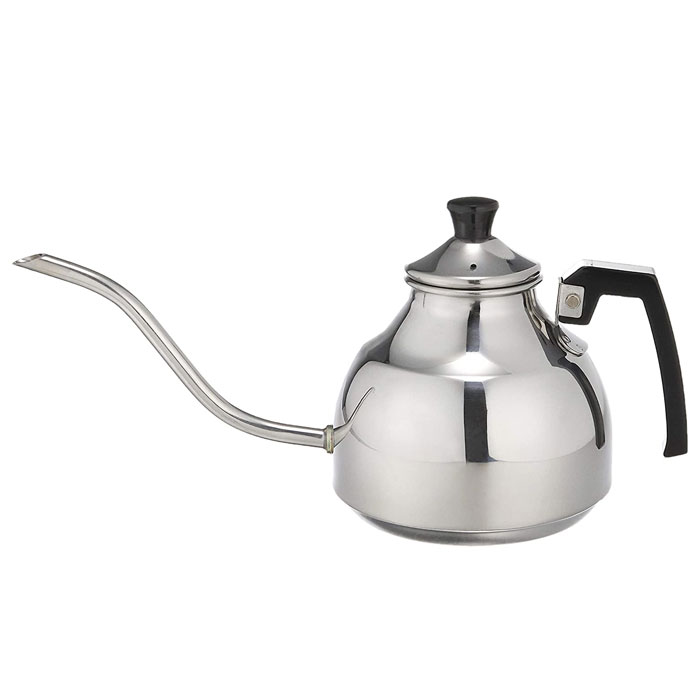 業務用としてもご使用いただける高品質なコーヒードリップポットです。生産地 中国 材質 本体/18-8ステンレス、底部/18-0ステンレス(底厚0.8mm)、蓋/18-8ステンレス、ハンドル・ツマミ:フェノール樹脂200×110×H135