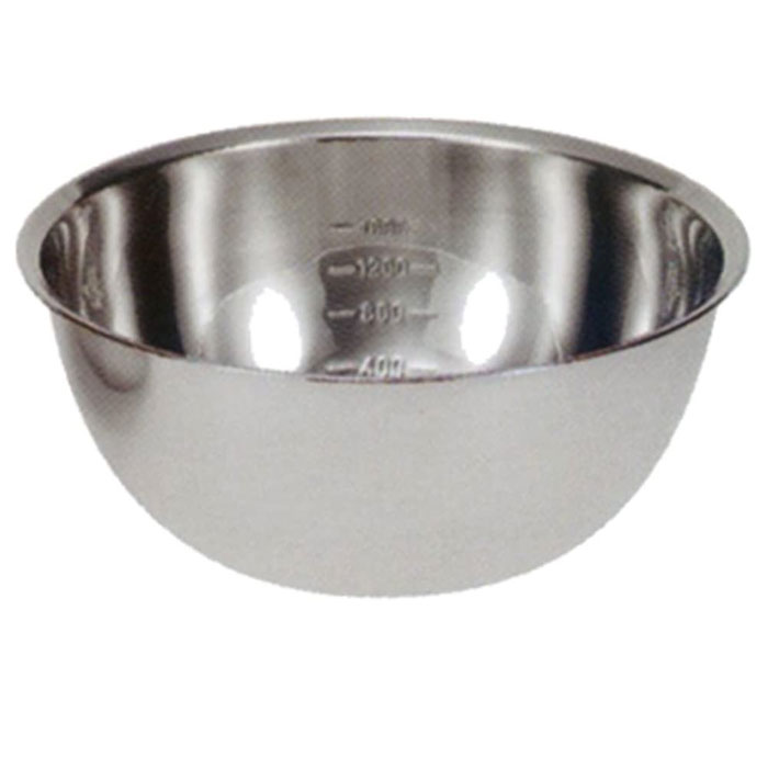 丈夫で衛生的なステンレス製。深型で作業しやすく、使いやすい。それぞれのサイズに目盛表示がついていて便利。ボウルの中にパンチングボウルがぴったりセットできるサイズ。目盛表示(満水容量)/400・800・1200・1600ml(約2.6?)生産...