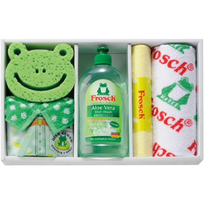 心地よく、毎日使い続けられるエコなギフト。マイクロファイバークロス（中国）（25×25cm）×2、食器用洗剤（アロエヴェラ）（ドイツ）（500ml）・スポンジ（中国）・タオルハンカチ（中国）（25×25cm）×各1タオル：綿100%、クロス...