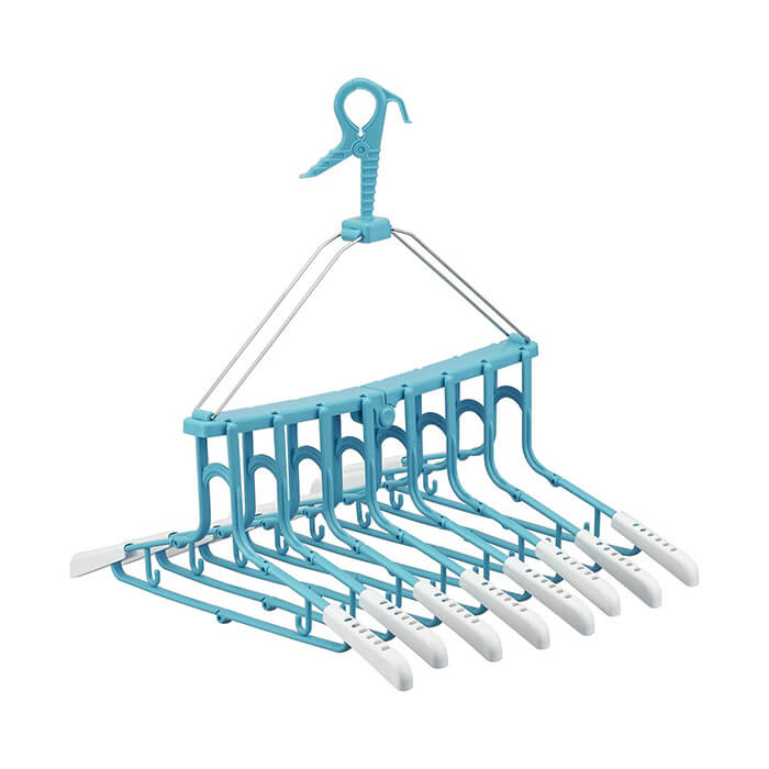 ハンガー8本分がコンパクトに干せます。 ●洗濯物の襟ぐりを伸ばさずスムーズに干せます。 ●ハンガー8本分がまとめて干せます。 サイズ：約 幅500×奥行440×高さ490（mm） 材質：本体：ポリプロピレン 吊りワイヤー：ステンレス鋼線