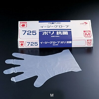 【仕様】 メーカー品番：No.725 サイズ：M 全長：29cm 手のひらまわり：約30cm 1箱（100枚入）：使いすて用 材質:抗菌材入りポリエチレン ※使いすて用 ※抗菌 ※入数