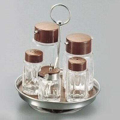 【仕様】 直径×高さ：166×194mm 重量：1.08kg (正油・ソース・コショー・辛子・楊枝) (ベースは丸型木目カスタースタンド)