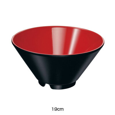 【仕様】 カラー：内朱外黒 サイズ：19cm 直径×高さ：190×95mm 容量：1200c.c. ●麺の量はそのままで、スープの量を削減しても違和感なく見栄えを美しくみせます。 ●食べ残しスープの廃棄量が削減できます。