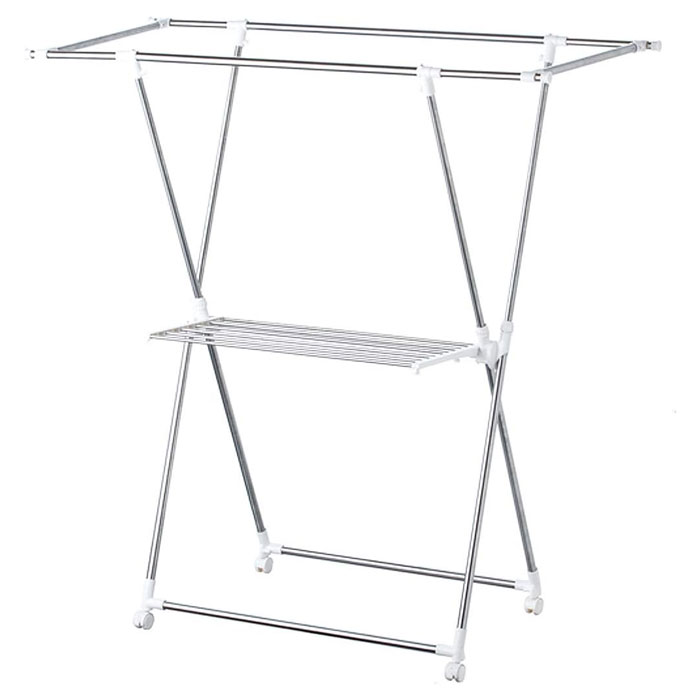 新構造「連結バー」　ゆったり設計　大判バスタオルもOK　便利なキャスター付き　コンパクトにたためる【仕様】サイズ：約 幅102〜152×奥行63×高さ89〜149(cm)　収納時：約 幅102×奥行16×高さ95(cm)材質：本体：ステンレ...