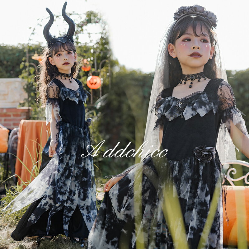 ハロウィンやパーティーイベントを盛り上げよう！！ お揃いコーデやハロウィンやイベント、ショー等にもオススメです！ ▲商品内容:ワンピース+ベール+首飾り ▲素材:ポリエステル ▲サイズ110：着丈105cm バスト64cm ウエスト56cm...