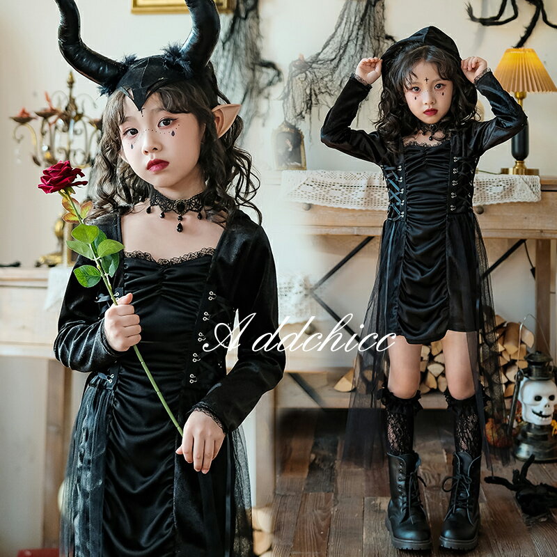 ハロウィンやパーティーイベントを盛り上げよう！！ お揃いコーデやハロウィンやイベント、ショー等にもオススメです！ ▲商品内容:ワンピース+髪飾り+耳+首飾り+靴下 ▲素材:ポリエステル ▲サイズM/110：着丈52cm バスト64cm ウエ...