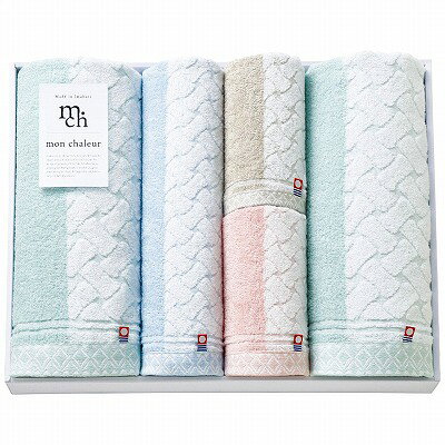 ●商品内容：40×110cmバスタオル2枚・28×75cmフェイスタオル2枚・28×30cmウォッシュタオル1枚・綿100％・（日本製）●箱サイズ：45×35×5cm縦に2つのやさしい色配色が特徴的な、今治伝統の技術で織り上げられたタオルは...