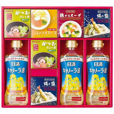 ●商品内容：日清キャノーラ油350g×3本・マルトモかつおだしの素(4g×6袋)・焼き塩(20g×2袋)各2箱・鶏がらスープ(20g×2袋)・コンソメスープ(20g×2袋)各1箱●賞味期限：製造日より常温約540日●アレルゲン：乳成分・小麦...