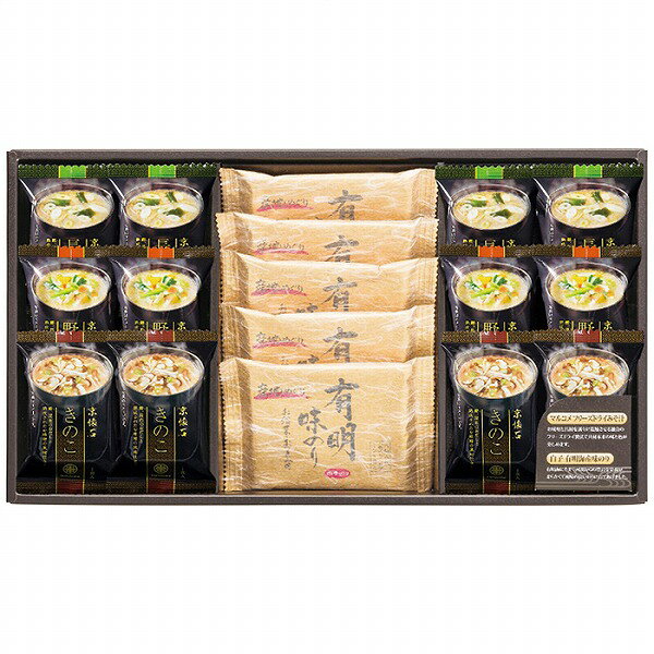 ●商品内容：マルコメ京懐石(野菜・きのこ・長ねぎ各4個)・白子有明味のり(8切8枚)5個●賞味期限（製造日から）：常温約540日●製造・生産地：日本製●アレルゲン：小麦・えび 大豆●箱サイズ：47.2×5.9×26.3cmお湯を注ぐだけで本...