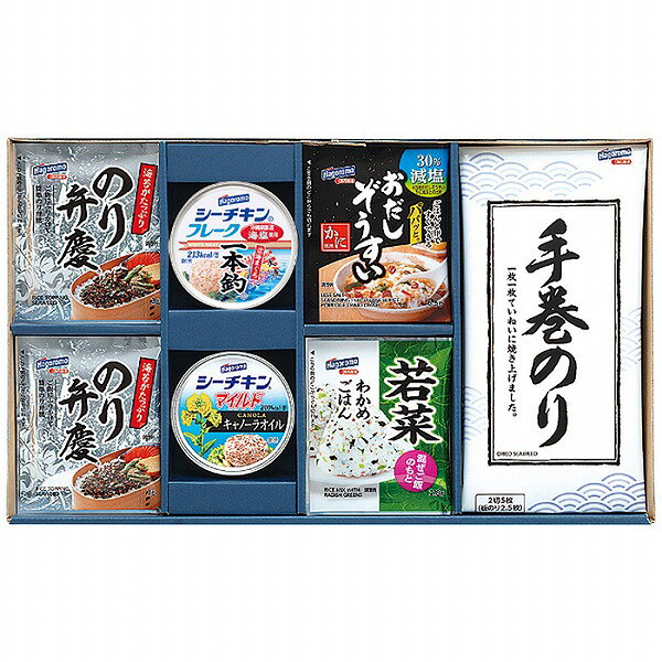 ●商品内容：のり弁慶ふりかけ(3g×6袋)・減塩おだしぞうすいかに(6.5g×3袋)・わかめ混ぜご飯若菜(2.8g×3袋)・手巻のり(2切5枚1袋)・シーチキンフレーク一本釣・シーチキンマイルドキャノーラ各1缶・各70g●賞味期限（製造日か...