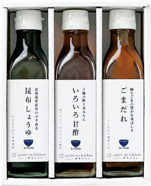 ●商品内容：ごまだれ（245g）・昆布しょうゆ（235g）・いろいろ甘酢（220g）×各1●賞味期限（製造日から）：1年●アレルゲン：小麦●箱サイズ：20.5×16.5×6料理家・栗原はるみ監修の調味料セット。毎日の料理に欠かせない調味料「...