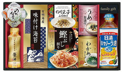 ●商品内容：島の香のり佃煮80g、有明海産味付け海苔（3切4枚）、のり玉子ふりかけ（4.5g×2袋）、鰹節削り（2g×4袋）、うめ茶漬け（4.3g×2袋）、わかめスープ（5.3g×2袋）、伊賀越天然醸造しょうゆ200ml、日清キャノーラ油4...