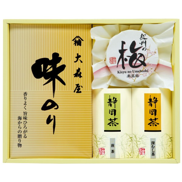 ●大森屋味のり（8切8枚×2）、静岡煎茶40g、静岡深蒸し茶40g、紀州南高梅80g（塩分約8%）●箱25×30.5×5cm（日本製）●賞味期限/360日（製造日より）お客様へのお願いと注意事項※のし対応商品はのしにお名前をお入れします。名...