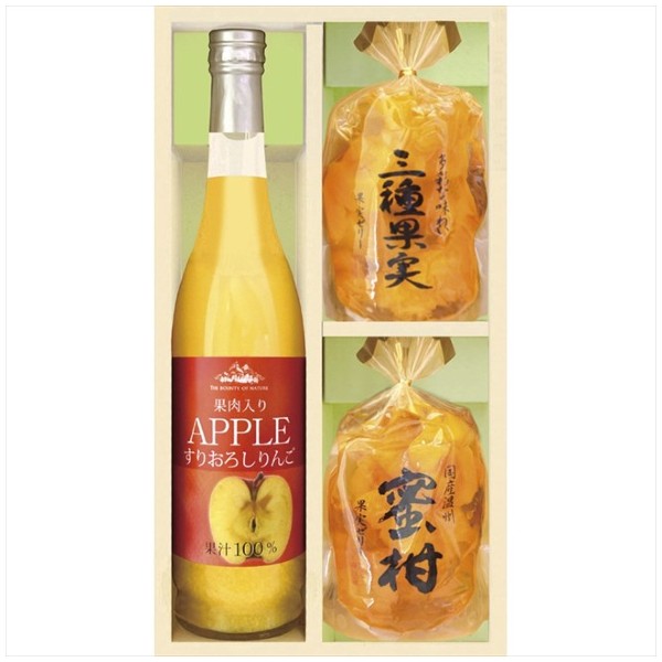 ●100％すりおろしりんごジュース（500ml）×1、果実ゼリー（国産蜜柑350g）×1、果実ゼリー（三種果実350g）×1●箱33.0×16.5×7.0cm（日本製）●賞味期限/365日（製造日より）お客様へのお願いと注意事項※のし対応商...