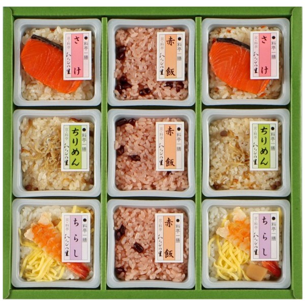 ●赤飯(90g)×3、鮭ごはん(紅鮭1切、御飯90g)×2、ちらし寿司(90g)×2、ちりめんごはん(90g)×2●箱25.9×26.5×5.5cm（日本製）●賞味期限／75日（製造日より）お客様へのお願いと注意事項※のし対応商品はのしにお...