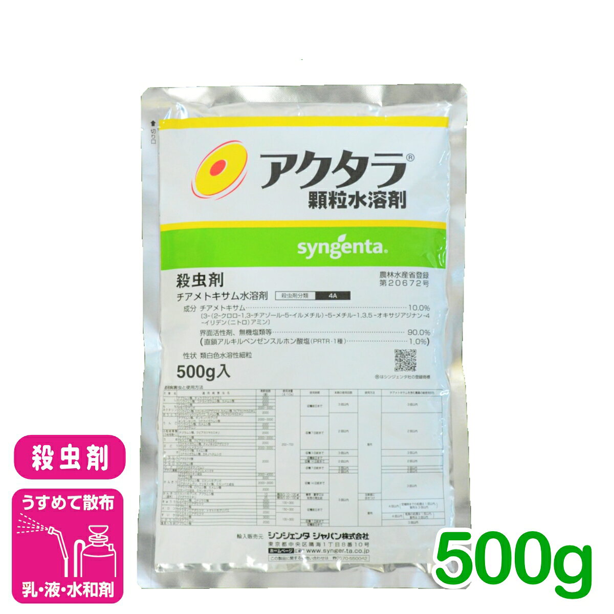 商品情報有効成分チアメトキサム内容量500g剤型顆粒水和剤商品特長・優れた浸透移行性により、作物全体に行き渡り、隠れた害虫も逃しません。・アブラムシに対して安定した効果と長い残効性を持ち、コナジラミやショウジョウバエ、カメムシ類など幅広い害...