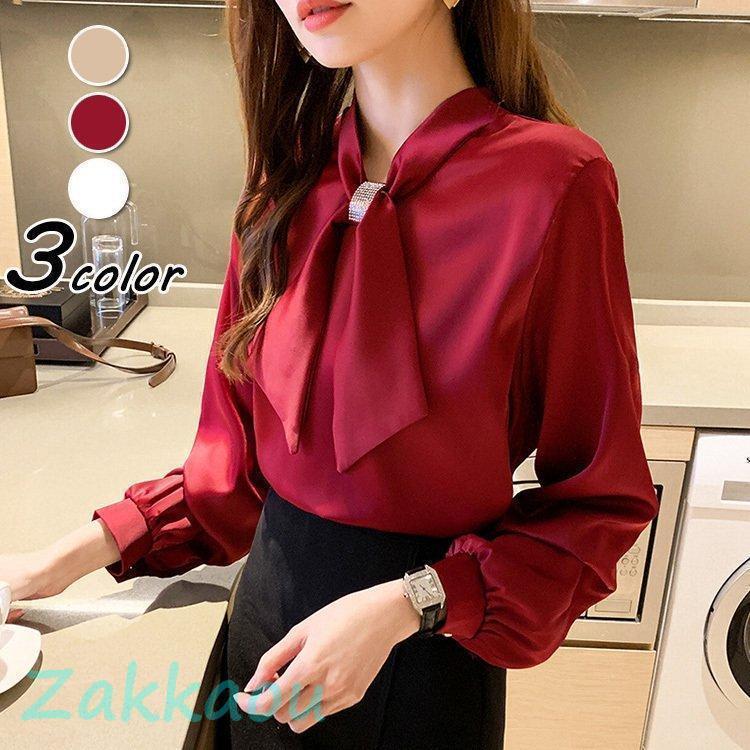 【商品概要】ファッション レディース ブラウス リボン 長袖 おしゃれ 上品 春夏秋 きれいめ 春秋新作 オシャレブラウス シルク風シャツ 長袖トップス リボンVネックブラウス 大人 通勤 ゆったり シャツ30代 40代 50代【素材】：ポ...