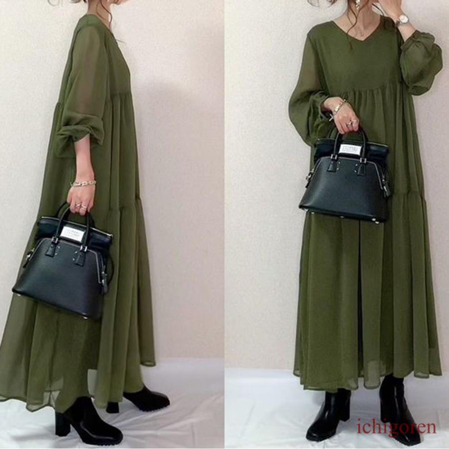 商品名：ワンピースカラー：グリーン素材：ポリエステルサイズ：F　着丈125　肩幅39　袖丈54　バスト100▼注意事項：※モニターの発色の具合によって実際のものと色が異なる場合がございます。実際の商品に近いカラーはカラーバリエーションをご参...