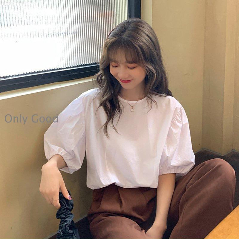 トップス Tシャツ カットソー レディース 半袖 パフスリーブ バルーン袖 プルオーバー 大人 可愛い 無地 春夏 母の日ギフト韓国 韓国ファッション 中国ファッション 20代 30代 40代 50代 フリーサイズ ホワイト ブルー バック...