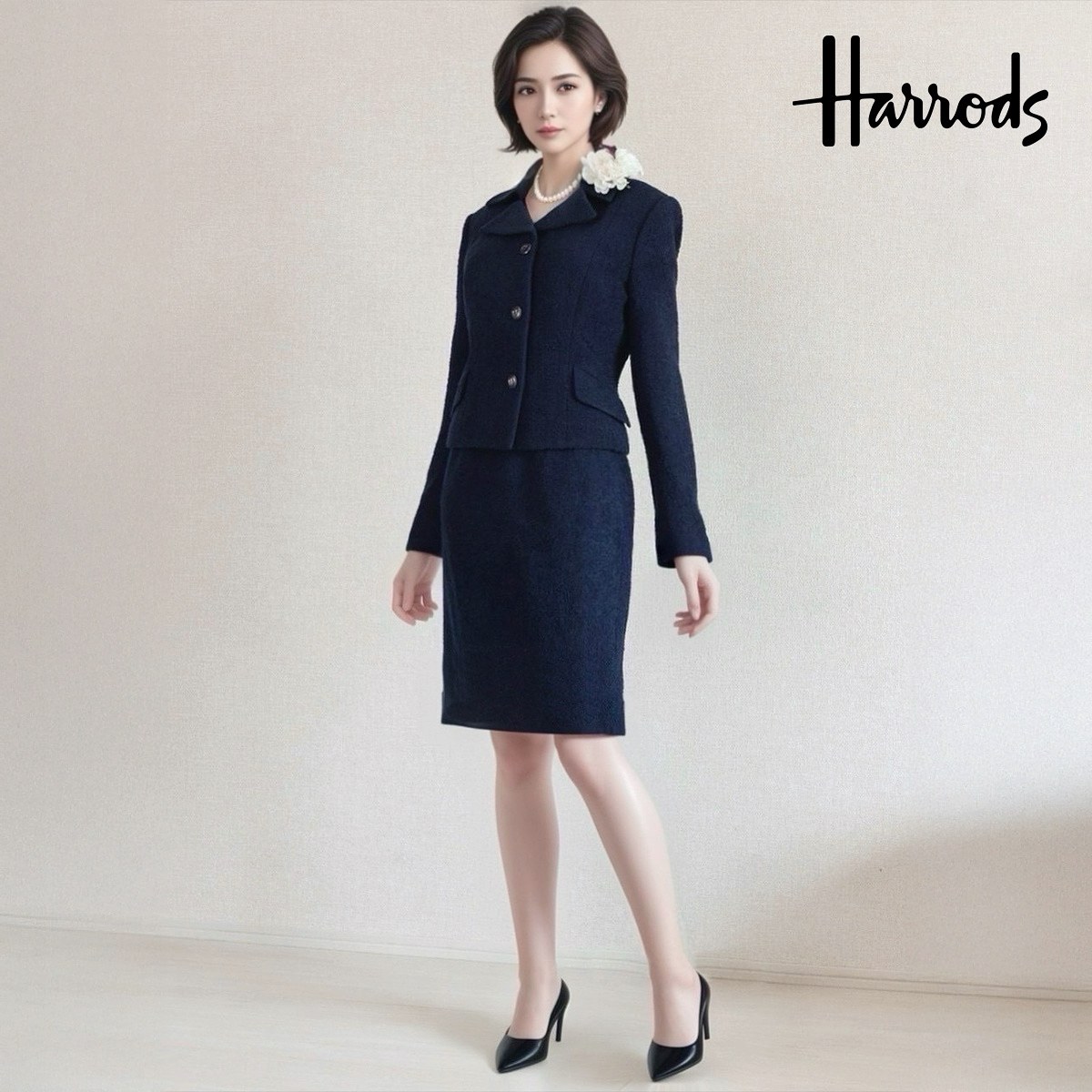 ◎Harrods（ハロッズ）のネップテーラードジャケットとタイトスカートのセレモニースーツになります。 ◆ブランド説明 【ハロッズ】は、イギリスの伝統を感じさせる気品と落ち着きを基調としたデザイン、無駄のないシルエットを提案しています。百貨...