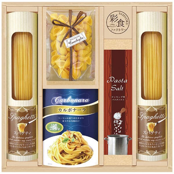 商品内容 ●スパゲティ130g×2個・マカロニ(コンキリエ)70g×1個・パスタソース(2人前)250g(カルボナーラ)・パスタソルト100g各1袋・賞味期間/製造日より常温約390日・［日本製］・【卵・乳成分・小麦・大豆・豚肉】・29.6...
