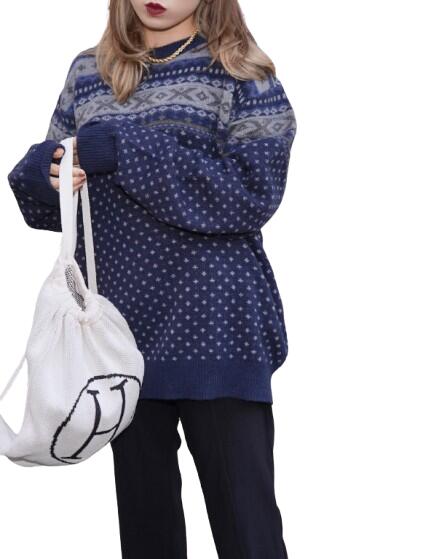 サイズ 総丈 肩幅 袖丈 バスト FREE 73cm 54cm 68cm 124cm (COLOR)1color ・NAVY (NAVY×GREY×BLUE) (CONDITION RANK) SS:新品アイテム (DETAIL) ・ニット...