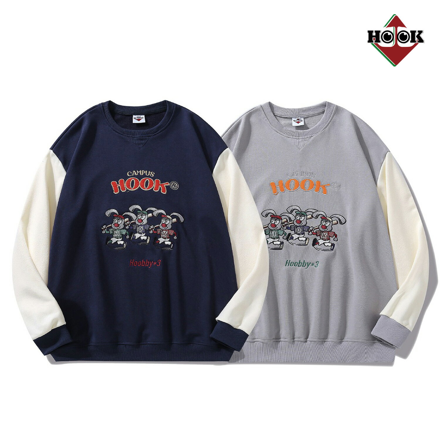 メーカー希望小売価格はメーカーカタログに基づいて掲載していますHOOKのマスコット『HOOBBY』*3刺繍スウェット ポップで可愛いアメカジテイストのグラフィックが総刺繍の古着感覚の一枚 袖の配色が目を惹く存在感抜群 綿ポリの混紡生地は型崩...