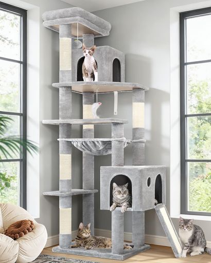 クライミング キャットタワー大型猫2~4匹用:この大型猫タワーには、大型キャットハウス2つ、大型ハンモック、そしてパッド入りのクッション付きの展望台付属しています。2~4匹の成猫が遊んだり休んだりするのに十分な広さです。 大型ハンモック:こ...
