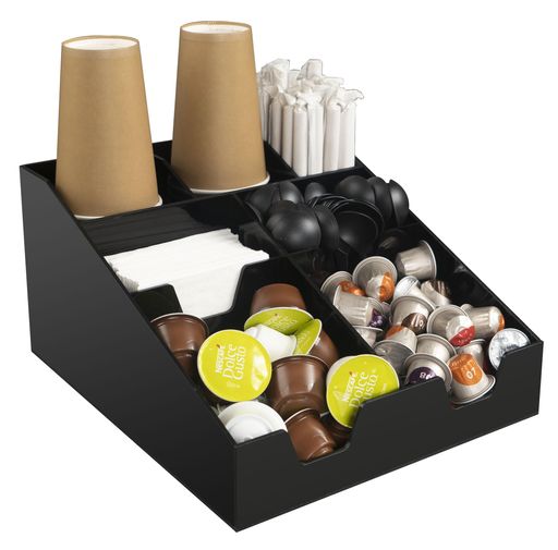 デザイン性と使い勝手が両立、スパイス収納オーガナイザーは7つのコンパートメントに分かれて、カップや蓋やシュガーやミルクやシュガーなどをまとめて収納可能 サイズ:328x280x168mm、素材:アクリル製、カラー:ブラック 鏡面効果:アクリ...