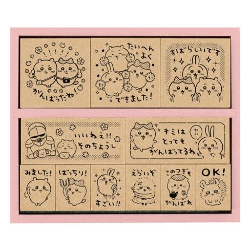 ちいかわのメッセージ付きスタンプが11個も入ったセット。3種類のサイズです。 側面にプリント入りの木製収納BOXに入ったスタンプ。持っているだけでも楽しめます。 【捺印サイズ・入数】30x30mm/3個、20x45mm/2個、20x15mm...