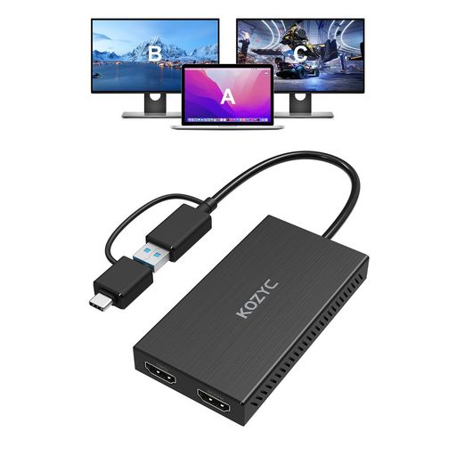 【USB3.0デュアルHDMIアダプター】このKOZYCUSBからHDMIアダプターは、USBポートを2つのHDMIデバイスに接続できます。同期出力4K30Hzおよび1080P60Hzをサポートします。USB-C、USB-A、Thunder...