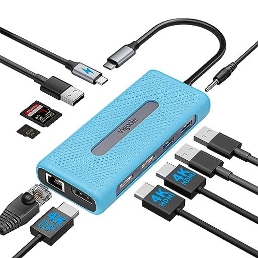 11-IN-1USBCドッキングステーション。ノートパソコン用デュアルモニターコネクター付き4KHDMIポートx2、4K60HzDPポートx1、RJ-45イーサネットポート、USB3.0ポートx2、ワイヤレスマウス・キーボード用USB2.0...