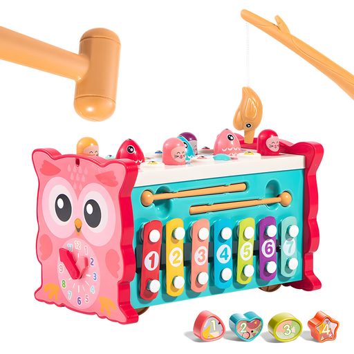 【6IN1モンテッソーリおもちゃ】この音楽おもちゃは、スタッキングパズル、各種類の幾何学的形状のブロック、時計/小魚/変顔ボール/歯車ターンテーブル/木琴などが入っています。6つの面の設計が違い、各面で単独に遊ぶことができます。このおもちゃ...