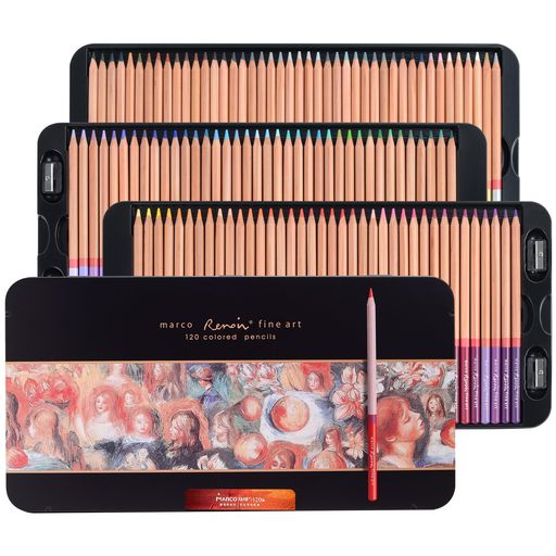 【多彩な色】120色。鉛筆削りが付属しています。 【3.7mmの芯を太くする】この174.5mmの長さのMarco油性色鉛筆セットは高品質トナー、粘土、接着剤から作られ、柔らかくて色が付きやすく、繊細な色の階層を簡単に描き、作品をより生き生...