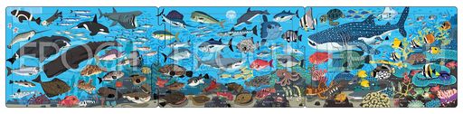 ●台紙付きのパズルが3枚入っています。3枚の台紙が横につながって、1つの大きなパズルになります。 イラスト:ともながたろ