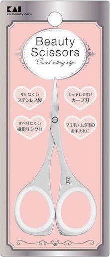 女性向けの指穴サイズで、すべりにくい樹脂リングを装着した金属の眉用ハサミ 切りたい1本を狙えるスリム刃&amp;カーブ刃 サビにくいステンレス製 本体:ステンレス刃物鋼、リング:エラストマー 本体サイズ:88x45x4mm 重量:19g