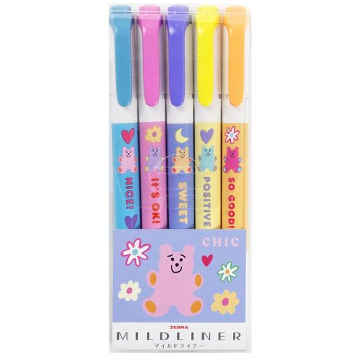ゼブラの人気商品「マイルドライナー」とコラボ商品が新登場! カラー:マイルドスモークブルー・マイルドフューシャ・マイルドラベンダー・マイルドレモンイエロー・マイルドアプリコット 線の太さ:太4mm/細1.0~1.4mm 水性顔料
