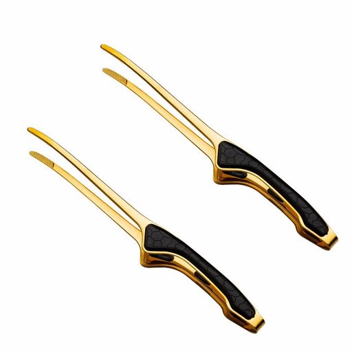 【製品仕様】:材質:ステンレス、重量:64g、セット数量:2本セット、カラー:ゴールド+黒いハンドル、サイズ:長さ:24CM、幅:1.7CM。 【自立式トング】:スマートな「自立式」デザインで、先がテーブルにふれないので、倒れにくく安定して...