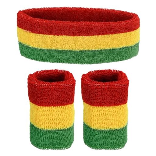 カラー:赤、黄色、緑色;リストバンドサイズ:7x8cm/2.75x3.15インチ(長さx幅);ヘッドバンドサイズ:18x6cm/7x2.36インチ(長さx幅);パッケージ内容:リストバンド2本、ヘッドバンド1本 特徴:柔らかい綿のテリーコッ...
