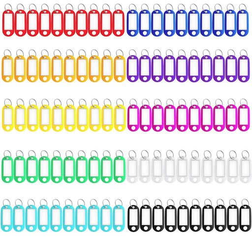 【商品仕様】サイズは5.3*2(cm)、重量は2 g。開口リングを使って持ち物に固定しやすい。完璧なサイズは、余分な負担や体積を必要とせずに携帯するのに適しています。 【10色】プラスチック製タグのキーホルダー100個セットです。全10色、...