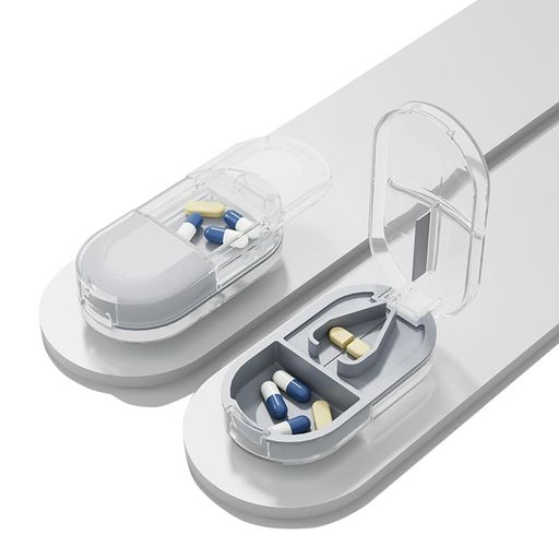 ピルケース小型---全体サイズ:8x4.2x2.5cm、錠剤粉砕機付き、2分割薬ケース。開閉が簡単で、妊婦、高齢者、子供、関節炎の方にも優しいです。 BPAフリー素材---このピルケースは食品グレードのPPプラスチック製で、優れた耐久性と頑...