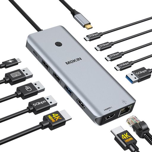[13-in-1 マルチポート 多機器同時接続対応] MOKiN USB-Cドッキングステーション2xHDMIポートを搭載し、デュアルモニター/マルチディスプレイ機能により多画面作業を実現します。除此之外に、100W PD3.0 高速充電ポ...