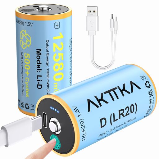 【ダブルスマート表示 – 残量がひと目でわかる】AKTTKA 充電式D電池は、タッチ/指纹エリアに触れるだけで残量を表示。LEDインジケーターが充電状態をリアルタイムで示します(充電中は青点滅、充電完了後は青点灯)。電池を取り外す必要がなく...