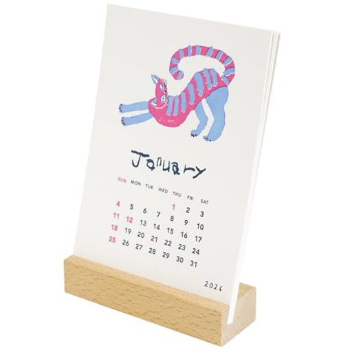 ミロコマチコが描くけものたちを活版印刷で生き生きと表現したカレンダー。 木製スタンド付き卓上カレンダー 12枚つづり・日曜始まり 活版印刷