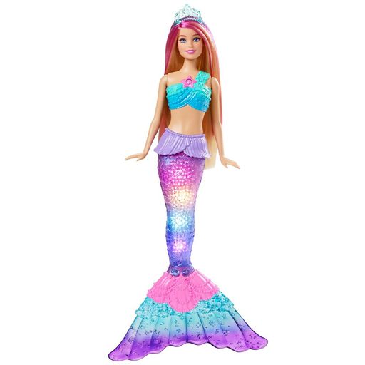 【内容】ピンクストライプヘア、プリンセスティアラでファンタジーを表現したカラフルなマーメイドバービーです。お部屋の中で遊ぶときは、身体のボタンを押すと、キラキラ尾びれが光ります。水の中で遊ぶときは、ボタンを一度押して、その後は水に入れる度に...