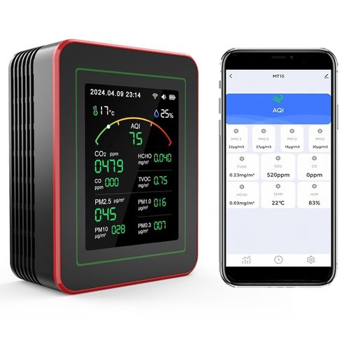 【15-in-1高性能空気質モニター】CO2(二酸化炭素)、CO(一酸化炭素)、PM2.5/PM10、HCHO(ホルムアルデヒド)、TVOC、温度、湿度、気圧、AQI、PM1.0、O3、H2S、NO2など15種類の空気要素を高精度で検知。家...