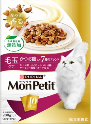 厳選したかつお節、まぐろ、かつお、鯛、サーモン、海藻、オーツ麦の7種の美味しさをブレンド。 天然の食物繊維を配合し、体内の毛玉を自然に排出するように配慮。 合成着色料無添加。